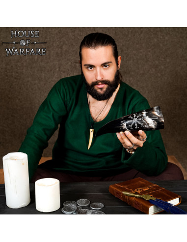 Handgeschnitztes Wikinger-Trinkhorn im Aegishjalmur-Design. ⚔️ Tienda ...